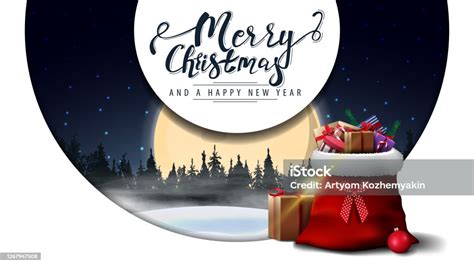 메리 크리스마스와 새해 복 많이 받으세요 장식 큰 반지와 흰색 엽서 겨울 풍경과 선물 산타 클로스 가방 산타 클로스에 대한 스톡 벡터 아트 및 기타 이미지 Istock