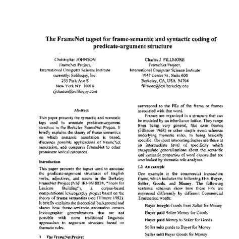 The Framenet Tagset For Frame Semantic And Syntactic Coding Of