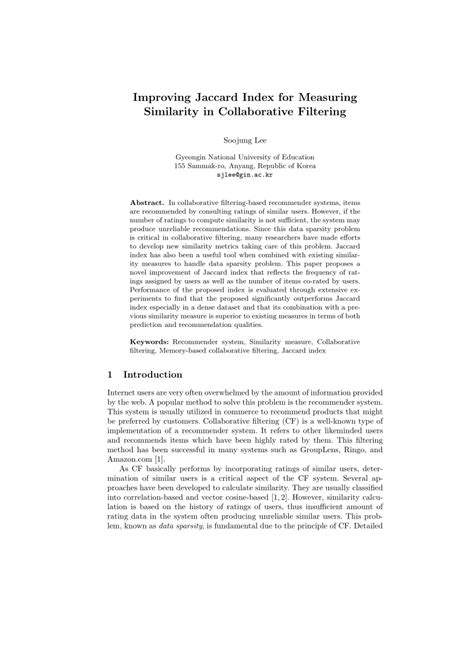 Pdf Improving Jaccard Index For Measuring Similarity In Collaborative Filtering