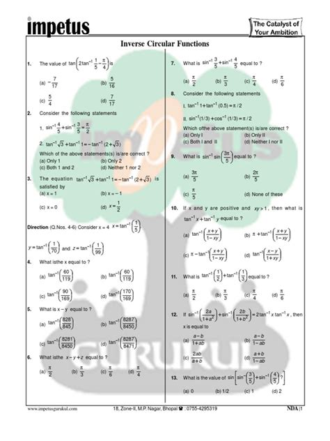 Inverse Circular Function Identities Pdf Trigonometric Functions