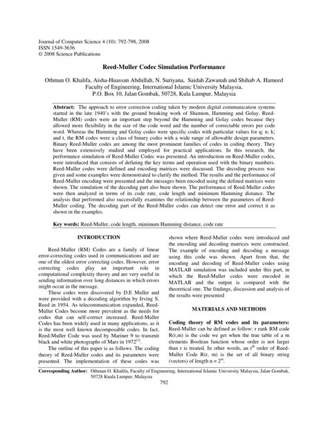 Pdf Reed Muller Codec Simulation Performance