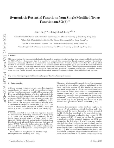 Pdf Synergistic Potential Functions From Single Modified Trace Function On So3