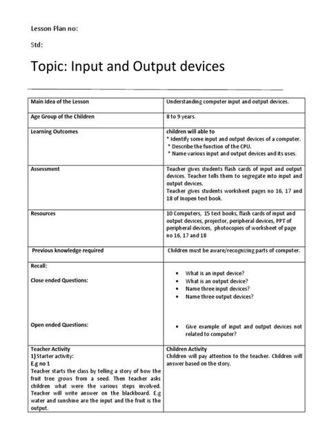 Lesson Plan Inopen Std 3chpt No 2 Pdf Inputoutput Lesson Plan