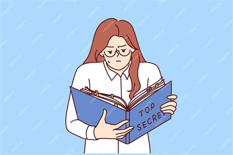 여자는 서류 폴더를 들고 비밀 문서를 연구하고 기밀 데이터로 작업하고 있습니다 프리미엄 벡터