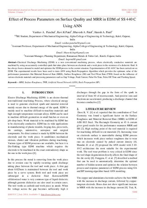 pdf effect of process parameters on surface quality and mrr in edm of
