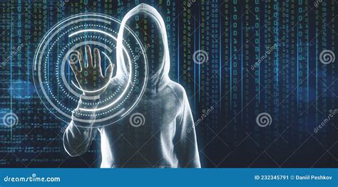 Hacker In Hoodie Standing On Abstract Binary Code Background With Face