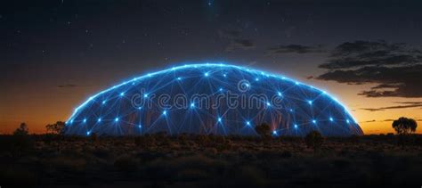Large Futuristic Geodesic Dome Glowing With Digital Network At Sunset Outback Australia Stock
