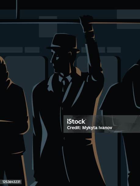 난간을 들고 지하철 차에 서 있는 남자의 벡터 컨셉 일러스트 모자 정장 코트를 입은 남자의 그림자가 있는 어두운 그림 정보자 스파이 비밀 요원 은폐 모자 모자류에 대한 스톡