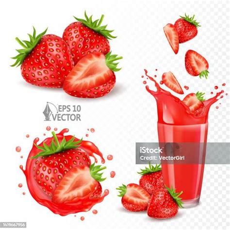 붉은 익은 딸기와 육즙이 많은 물보라 세트 신선한 열매가 유리에 천연 주스에 떨어집니다 흰색 배경에 고립 된 3d 사실적인 벡터 일러스트 레이 션 딸기에 대한 스톡 벡터