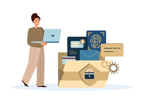 노트북을 가진 여자 잠금 시스템이있는 보호 된 폴더 데이터 보안 사진 파일이있는 문서 개인 정보 보호 및 보호 개념 문서 Stackprotected 아카이브 보안 액세스만화