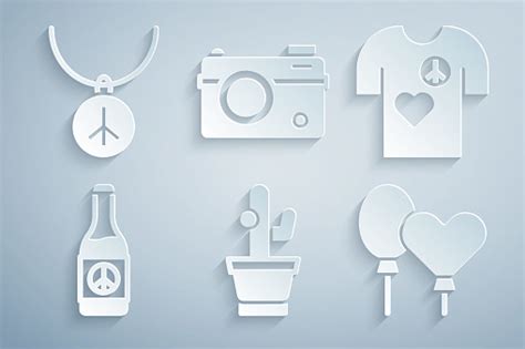 선인장 평화 티셔츠 인쇄 스탬프 맥주병 풍선 사진 카메라 및 평화 상징 아이콘이 있는 목걸이를 설정합니다 벡터 3차원 형태에 대한 스톡 벡터 아트 및 기타 이미지 Istock
