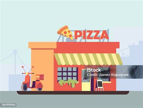 플랫 디자인의 이탈리아 피자 가게의 벡터 일러스트 근처에 오토바이가있는 건물 0명에 대한 스톡 벡터 아트 및 기타 이미지 0