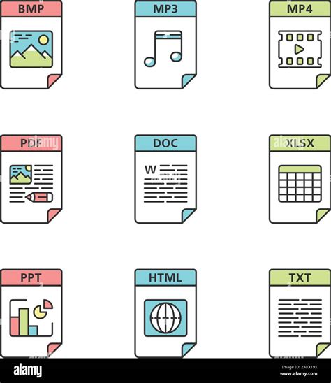 Files Format Color Icons Set Image Multimedia Text Spreadsheet Webpage Files BMP MP3 MP4