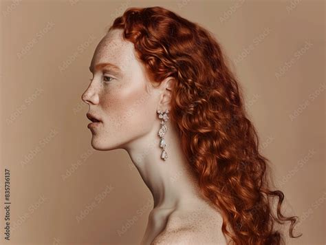 주얼리 룩북 긴 빨간 머리 곱슬 머리를 가진 측면 프로필 백인 모델 어깨는 편안하고 귀는 눈길을 끄는 다이아몬드 귀걸이 베이지 배경 Foto De Stock