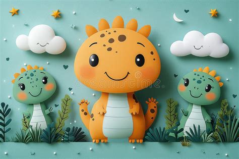 Adorable Cartoon Dinosaurs Surrounded By A Whimsical Nature Scene Stock