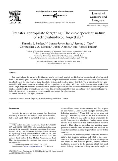 Pdf Transfer Appropriate Forgetting The Cue Dependent Nature Of Retrieval Induced Forgetting