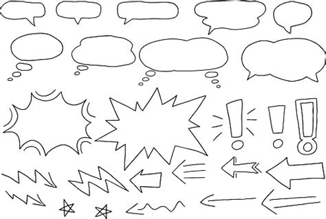 말풍선과 생각 거품 실루엣 번개 별 폭발 화살표 낙서 느낌표 검은 곡선으로 그려진 느낌표 손으로 그린 그림 격리된 요소 팝 아트 그래픽 디자인 벡터 일러스트레이션에 이상적