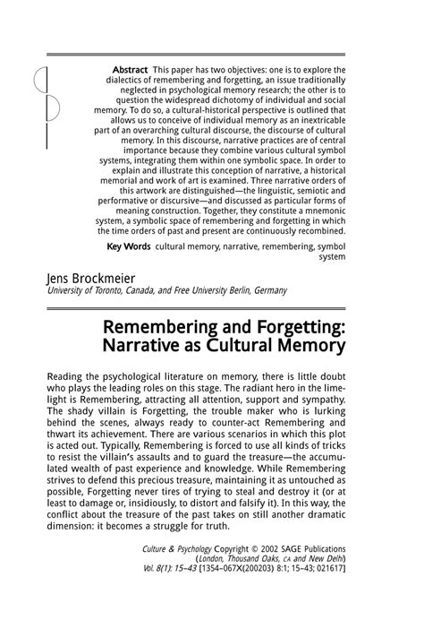 Pdf Remembering And Forgetting Narrative As Cultural Memory