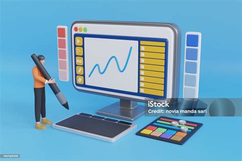 컴퓨터 모니터에 펜으로 그리는 3d 디지털 디자이너 그래픽 편집기로 작업하는 남자 창조적 인 직업에 대 한 그림입니다 3d 렌더링 3차원 형태에 대한 스톡 사진 및 기타