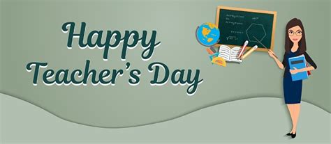 포인터와 글로브 글로브 칠판 통치자 반 원 삼각형 각도연필과 책 종이 잘라 수평 벡터 일러스트레이션과 해피 교사의 하루 교사