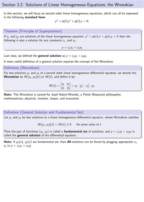 3 2 Solutions Of Linear Homegeneous Equations The Wronskian Theorem Principle Of