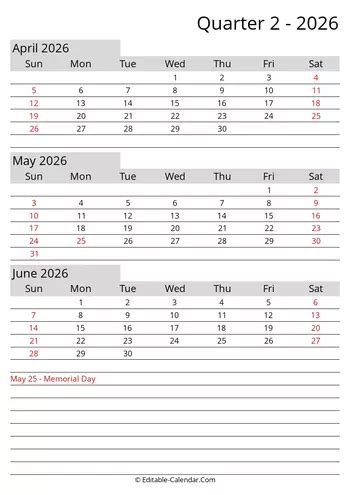 Download Quarter 2 2025 Editable Calendar With Holidays Sunday Start