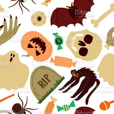 두개골 박쥐 호박 검은 고양이 유령 무덤 거미 사탕 안구의 으스스한 컬렉션 세트와 원활한 패턴 직물 배너 할로윈 디자인 개체 그룹에 대한 스톡 벡터 아트 및 기타 이미지