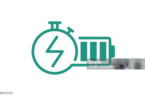 빠른 전기 충전 배터리 아이콘입니다 빠른 전력 축압기 충전기 기호 속도 전기 요금 선형 표시 스톱워치에서 번개와 함께 익스프레스 에너지 충전 녹색 로고 개념에 대한 스톡