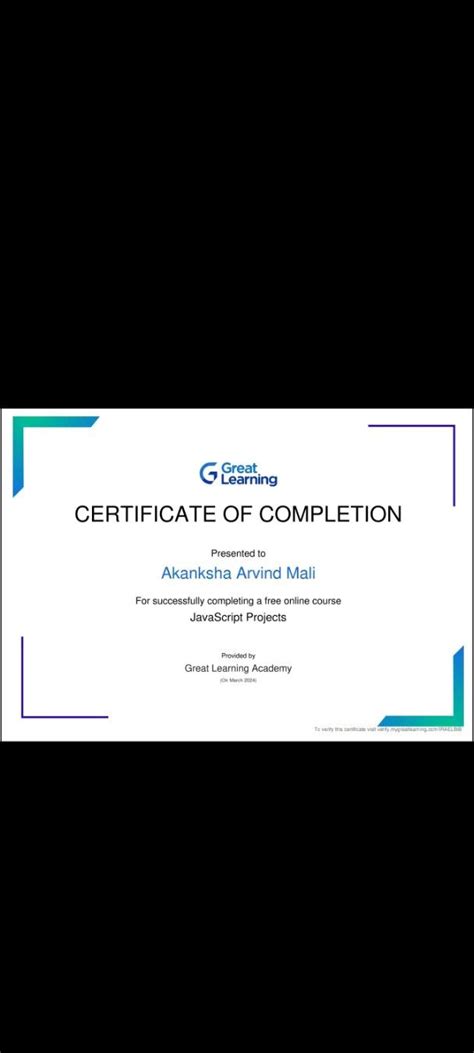 Completed Javascript Projects Course With Great Learning Akanksha Mali Posted On The Topic