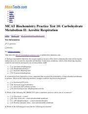 MCAT Biochemistry Practice Test Carbohydrate Metabolism II Aerobic Respiration Maintests