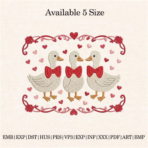 Cute Goose Valentine Embroidery Design Love Geese With Red Bow Machine Embroidery File