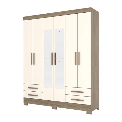 Guarda Roupa B63 6 Portas 4 Gavetas Com Espelho Briz Rústico Off White