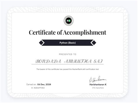 Python Programming Certification Hackerrank Tech Amrutha Bondada