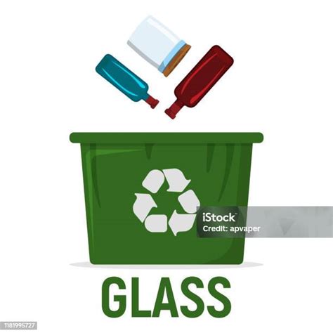 폐기물 선별 재활용 을위한 용기 유리 폐기물 쓰레기 처리 및 재활용 웹 웹 및 스마트 폰 배너 간단하고 만화 벡터 일러스트레이션