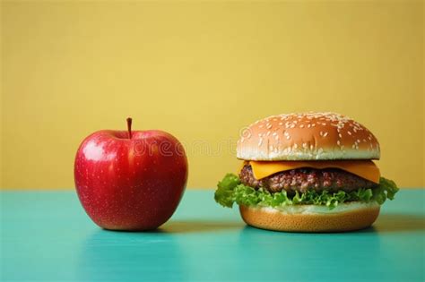 choosing between healthy apple and junk food burger stock illustration
