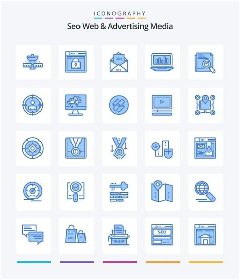 Free Vector Creative Seo Web And Advertising Media 25 Blue Icon Pack Such As Graph Mail Layout