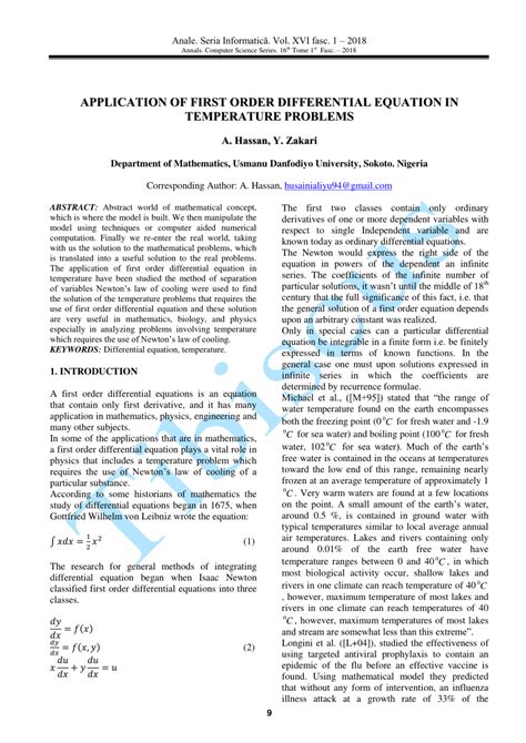 PDF APPLICATION OF FIRST ORDER DIFFERENTIAL EQUATION IN TEMPERATURE PROBLEMS