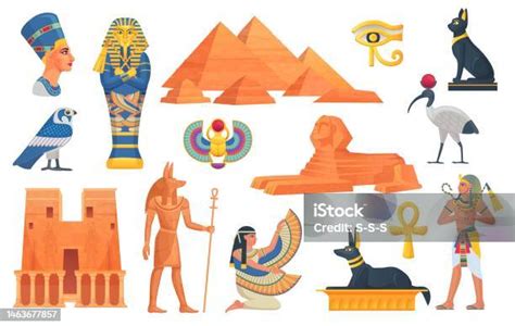 만화 이집트 요소 고대 이집트 동상과 신화 개체 새 풍뎅이 자칼 역사 신 스핑크스 파라오 건물 건축 독창적인 벡터 삽화 이집트에 대한 스톡 벡터 아트 및 기타 이미지