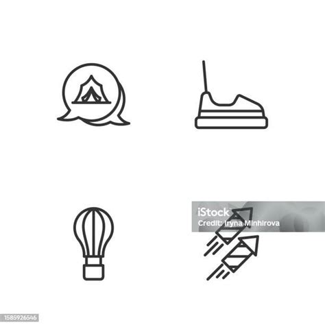 세트 라인 불꽃놀이 로켓 열기구 서커스 텐트 및 범퍼카 아이콘 벡터 검은색에 대한 스톡 벡터 아트 및 기타 이미지 검은색