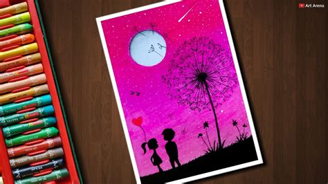 Cute Couple Scenery Drawing With Oil Pastels For Beginners Step By