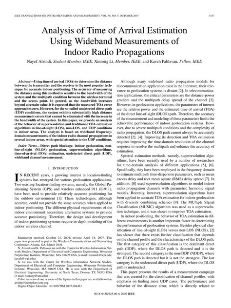 Pdf Analysis Of Time Of Arrival Estimation Using Wideband Measurements Of Indoor Radio