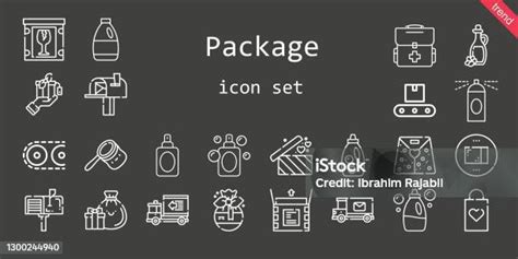 ชุดไอคอนแพคเกจ ลักษณะไอคอนเส้น แพคเกจไอคอนที่เกี่ยวข้องเช่นของขวัญ สายพานลําเลียง แพคเก