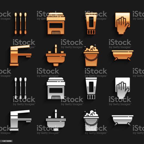 수도꼭지 청소 서비스 욕조 양동이 비누 비눗물 물 치약 튜브 귀용 면봉 발한 억제제 롤 아이콘이 있는 세면대를 설정합니다 벡터 개수대에 대한 스톡 벡터 아트 및 기타 이미지