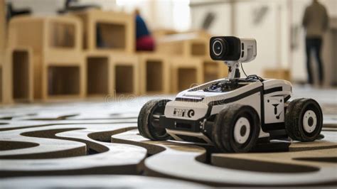 The Lens Focuses On An Autonomous Mobile Robot Navigating Through A Maze Of Obstacles With