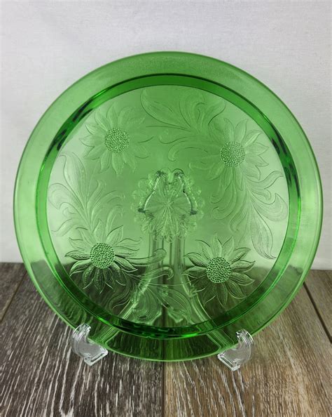 1930s Uranium Glass Cake Presentation Plate Jeanette Etched Flowers