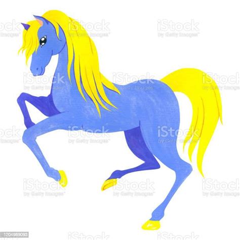 노란색 갈기와 수채화 푸른 말입니다 흰색 배경에 손으로 고립 된 그림 엽서 문구 장식 및 직물의 디자인 노랑에 대한 스톡 벡터 아트 및 기타 이미지 Istock