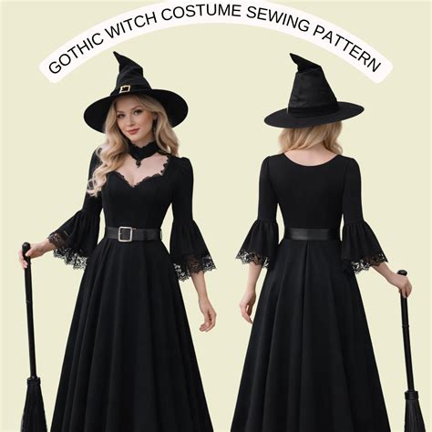 Gothic Witch Costume Sewing Pattern Halloween Dress And Hat Set