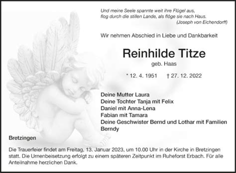 Traueranzeigen Von Reinhilde Titze Trauerportal Ihrer Tageszeitung