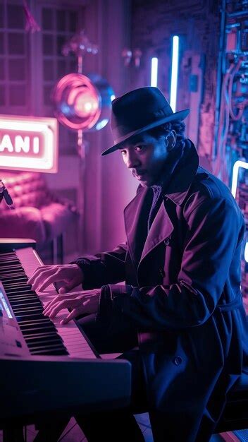 A Man Plays An Electronic Piano In A Dark Room Premium Ai Generated Image