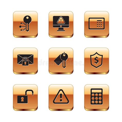 Set Cryptocurrency Key Open Padlock Exclamation Mark In Triangle Marked Mail Message